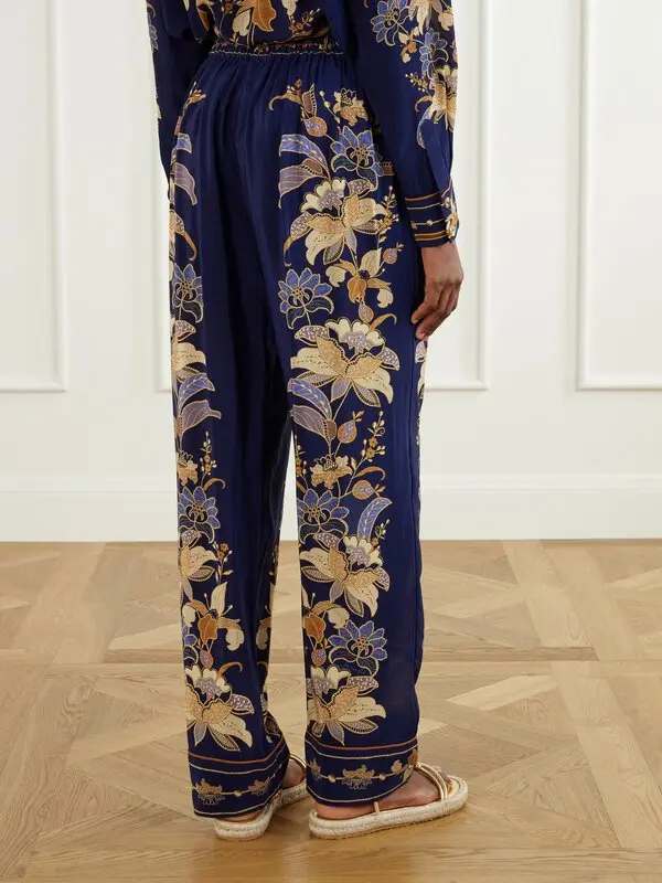 Farm Rio Lara Floral-print Crepe De Chine Wide-leg Pants - Blue