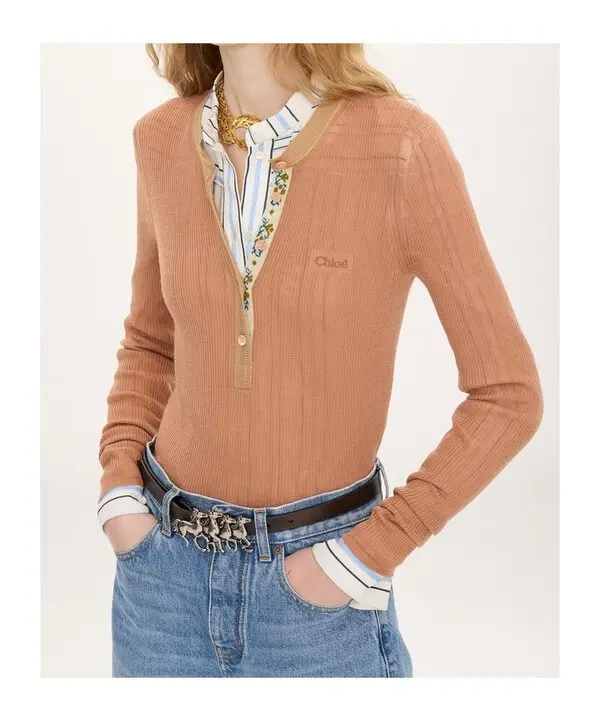 Chloé Mp20 Ribbed Henley Knitted Top - Coffee Powder