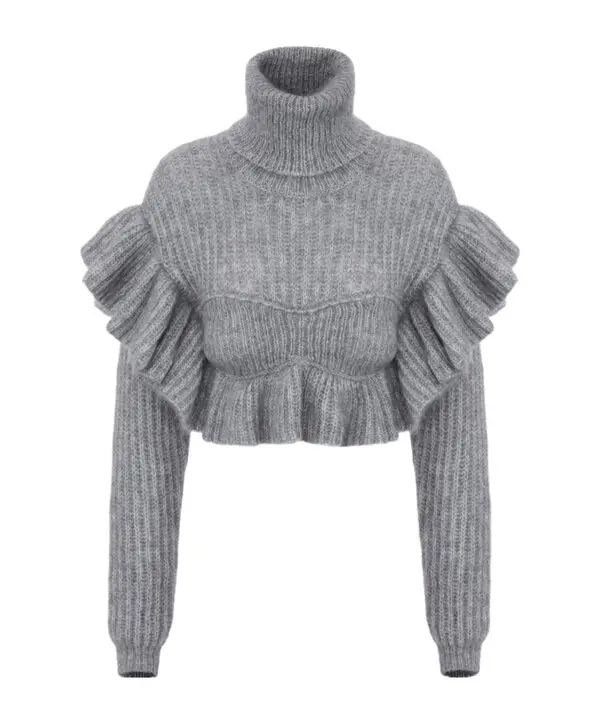 Elisabetta Franchi Ruffled Cropped Knitted Sweater - Gray