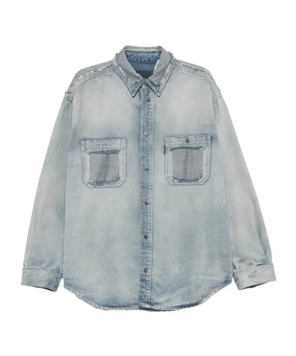 HAIKURE Nelson Distressed Patchwork Denim Shirt - Light Blue