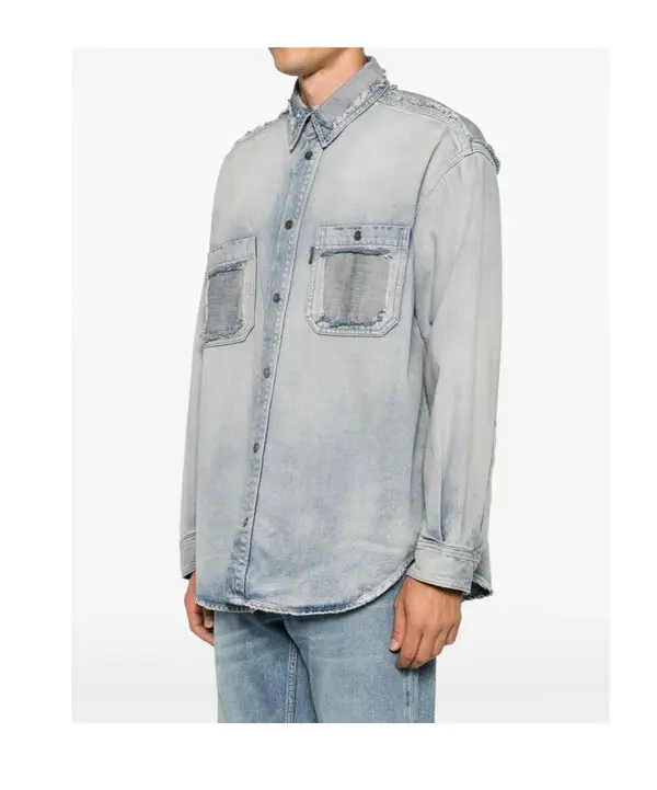 HAIKURE Nelson Distressed Patchwork Denim Shirt - Light Blue