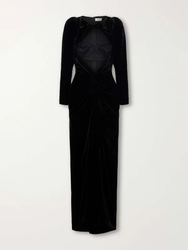 Balmain Open-front Lingerie-detail Gathered Velvet Maxi Gown - Black