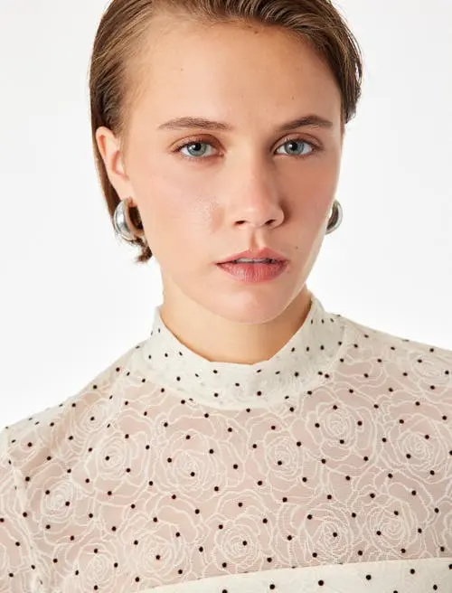 Koton Long Sleeve High Neck Polka Dot Mesh Blouse