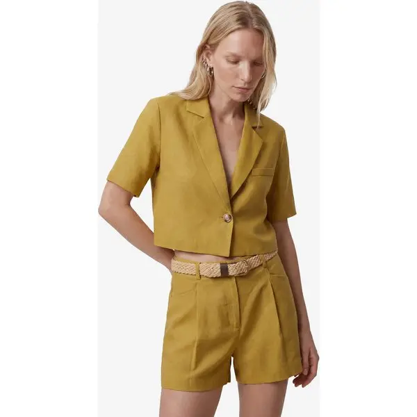 Koton Linen Blend Short Sleeve Notched Collar Cropped Blazer - Khaki