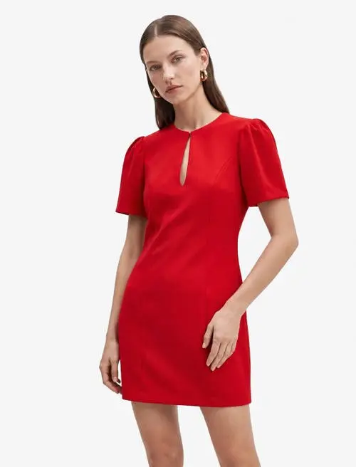 Koton Short Puff Sleeve Crew Neck Mini Dress With Keyhole Detail