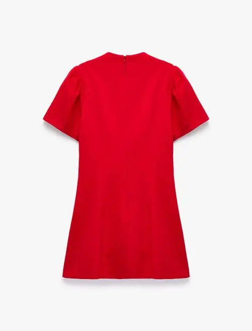 Koton Short Puff Sleeve Crew Neck Mini Dress With Keyhole Detail