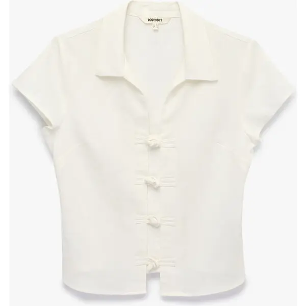 Koton Linen Blend Short Sleeve Collared Top With Frog Closure