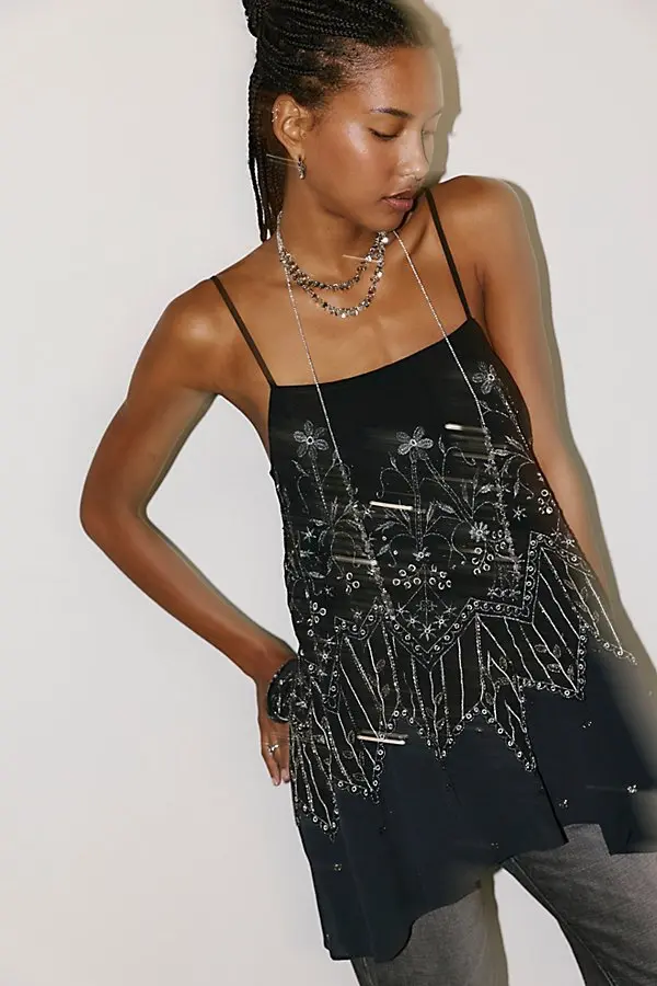 Free People Moonflower Embellished Tunic - Black Combo