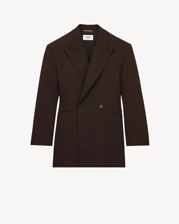 Saint Laurent Double-breasted Jacket In Chalk-stripe Wool Mélange - Marron/beige