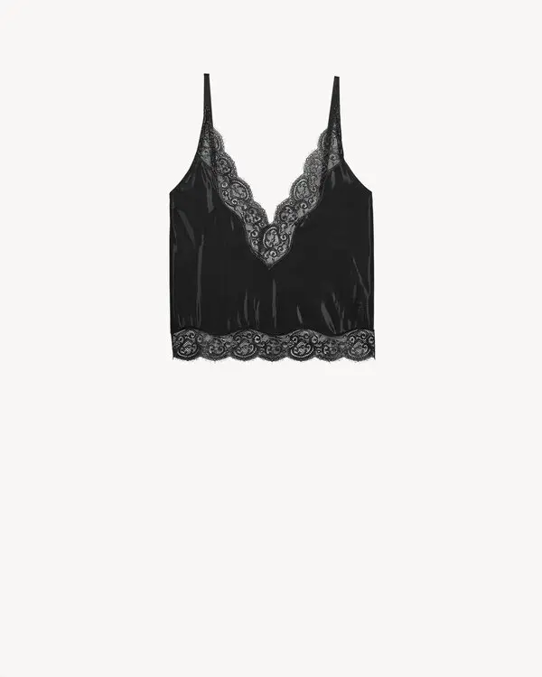 Saint Laurent Laced Tank Top In Silicone-coated Silk Jersey - Noir