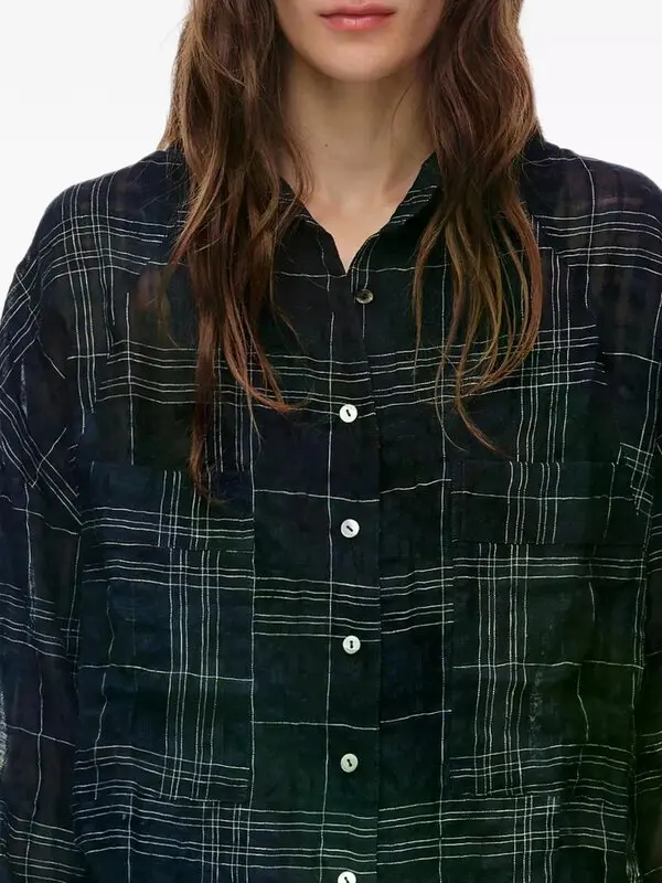 Bimba Y Lola Navy Checked Linen Oversize Shirt