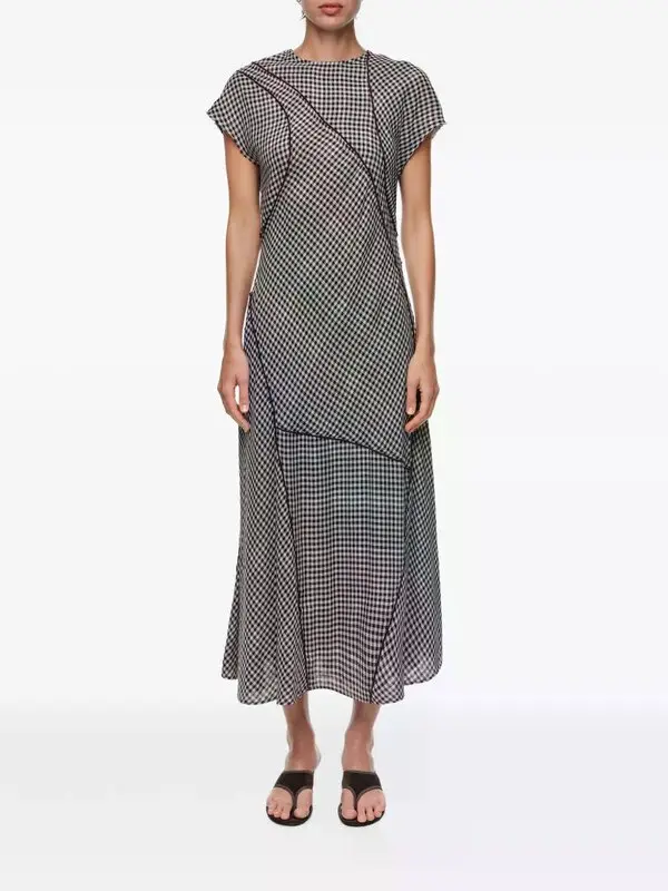 Bimba Y Lola Dark-brown Checked Patchwork Dress With Raw-edge Detailing - Black