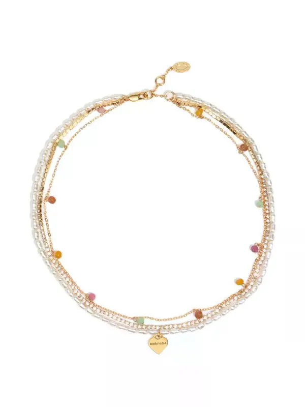 Bimba Y Lola Triple Crystals Pearls And Heart Logo Necklace - Gold