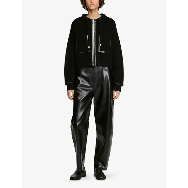Sandro Hooded Leather-trim Wool And Cashmere Cardigan