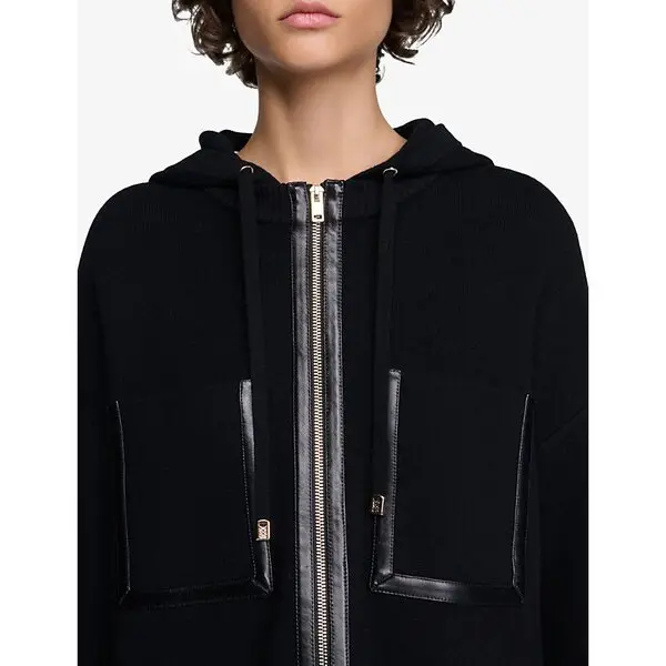Sandro Hooded Leather-trim Wool And Cashmere Cardigan