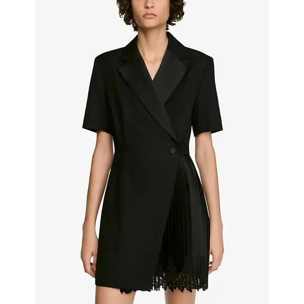 Sandro Wraparound Lapel-collar Wool-blend Mini Dress