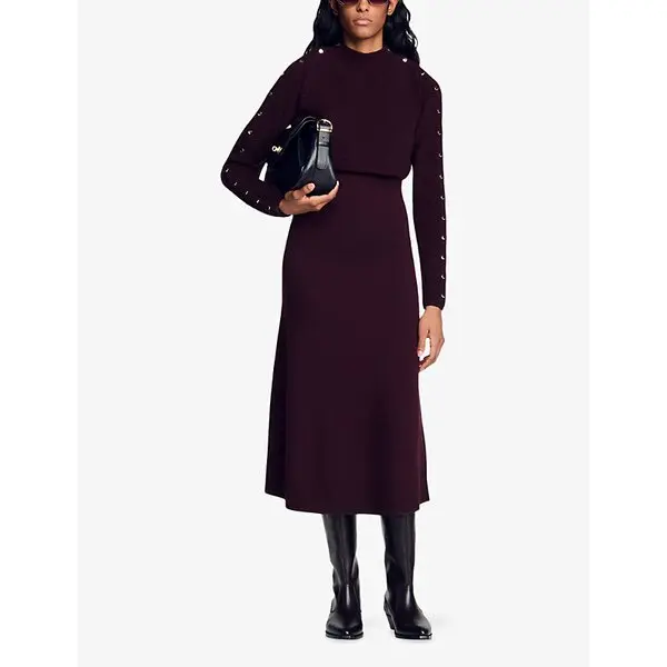Sandro Embellished Two-in-one Wool And Cashmere-blend Maxi Dress - Bordeaux
