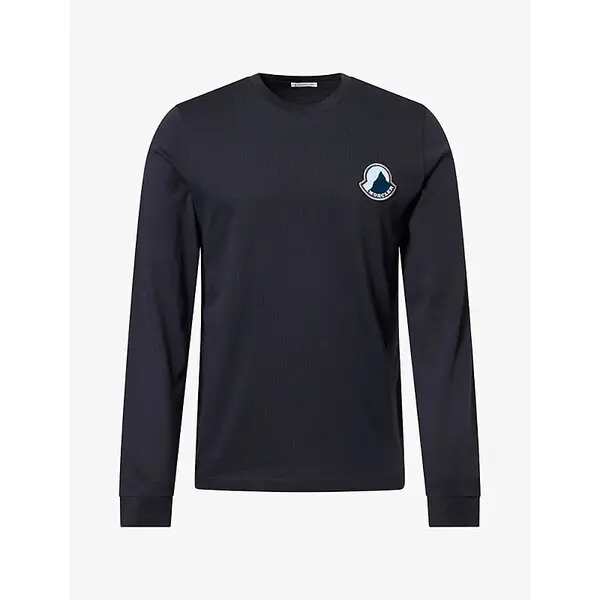 Moncler Mountain Logo-patch Long-sleeve Cotton T-shirt - Navy