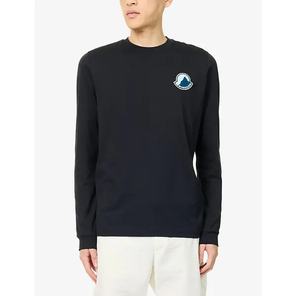 Moncler Mountain Logo-patch Long-sleeve Cotton T-shirt - Navy