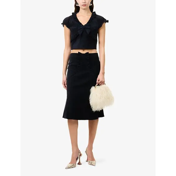 SHUSHU/TONG Bow-embellished Ruffled-trim Velvet Top