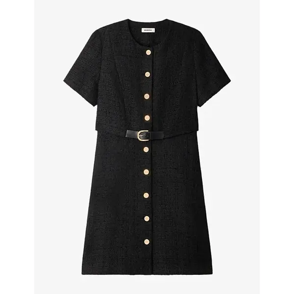 Sandro Buttoned Round-neck Tweed Mini Dress