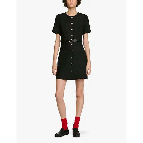 Sandro Buttoned Round-neck Tweed Mini Dress