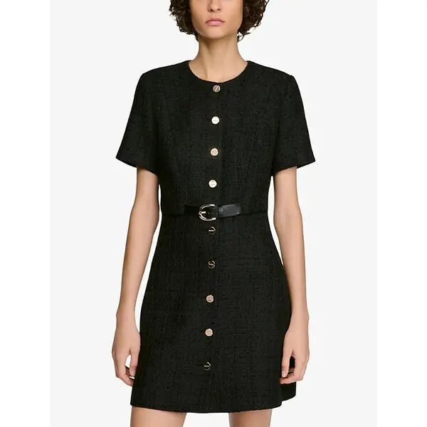 Sandro Buttoned Round-neck Tweed Mini Dress