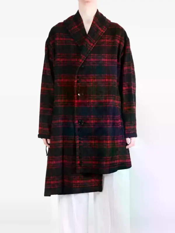 Y’s Asymmetric-hem Tartan-check Coat