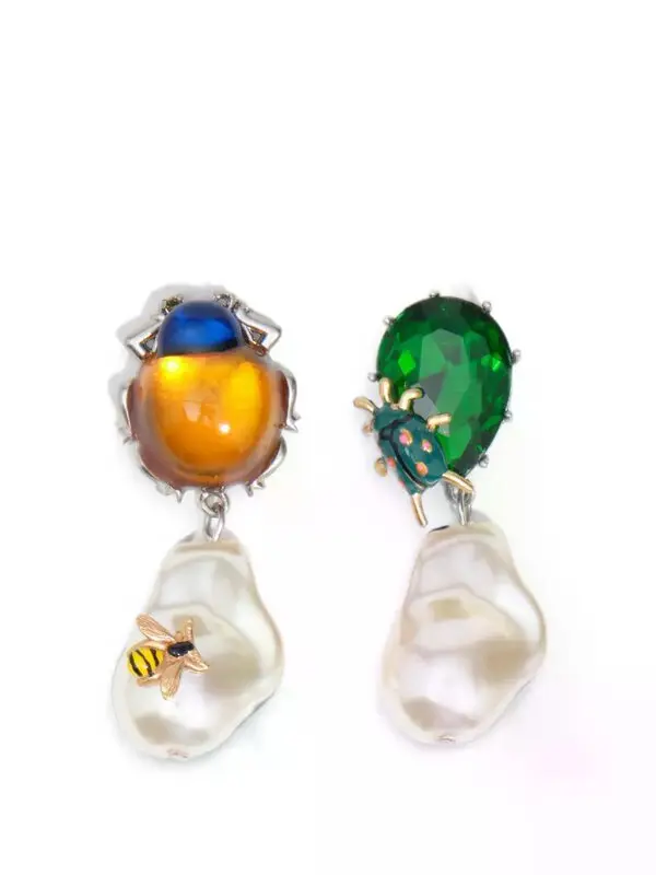 Bimba Y Lola Beetle Earrings With Amber, Crystals, And Pearls - Silver