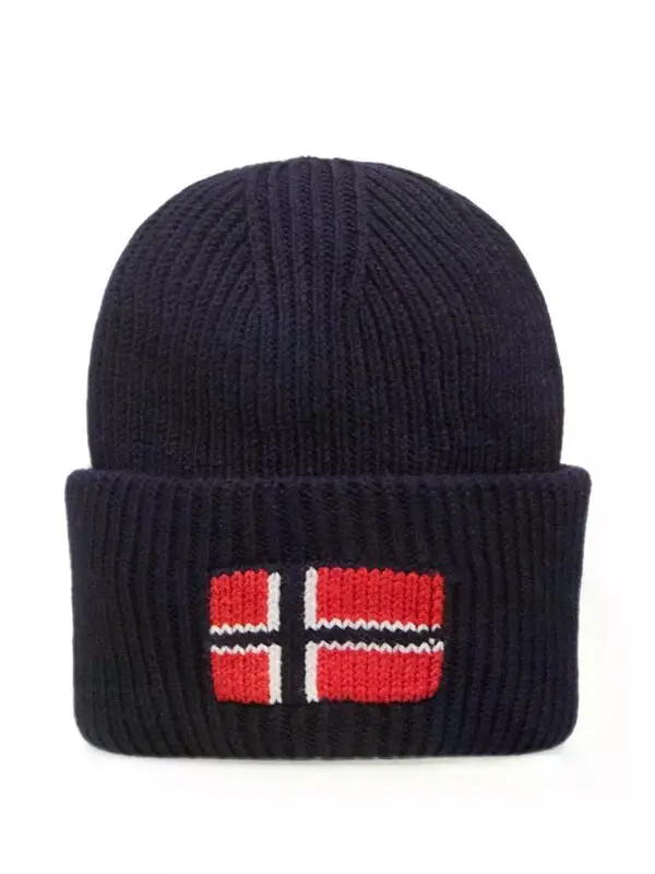 NAPAPIJRI Evei Flag-patch Ribbed-knit Beanie Hat - Blue
