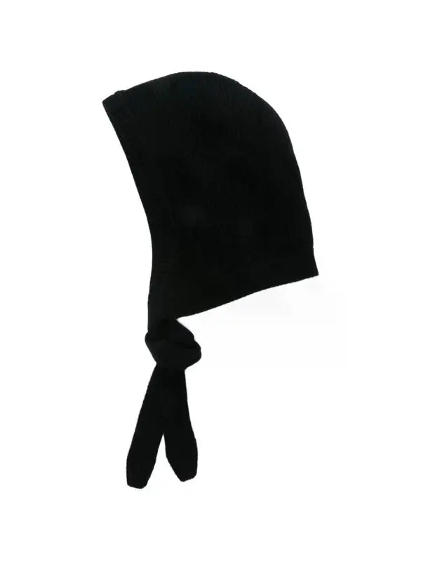 Soft Goat Ribbed-knit Tie-fastening Beanie Hat - Black