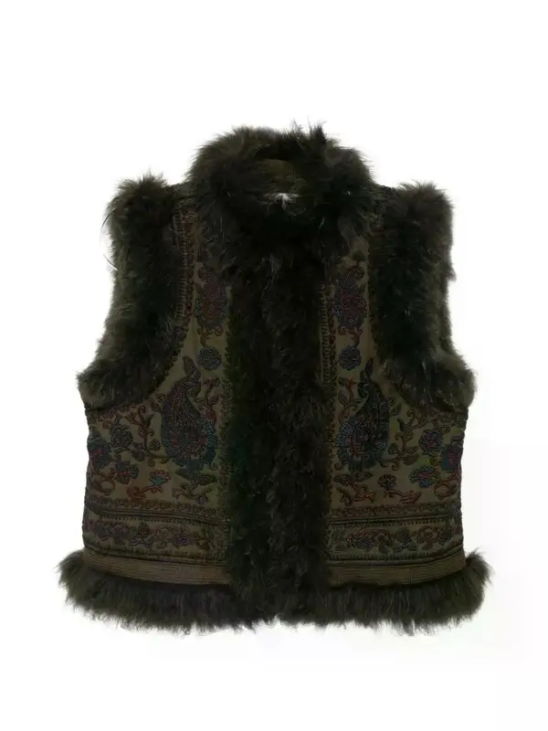 Antik Batik Paisley-embroidered Faux-fur-trim Gilet - Green