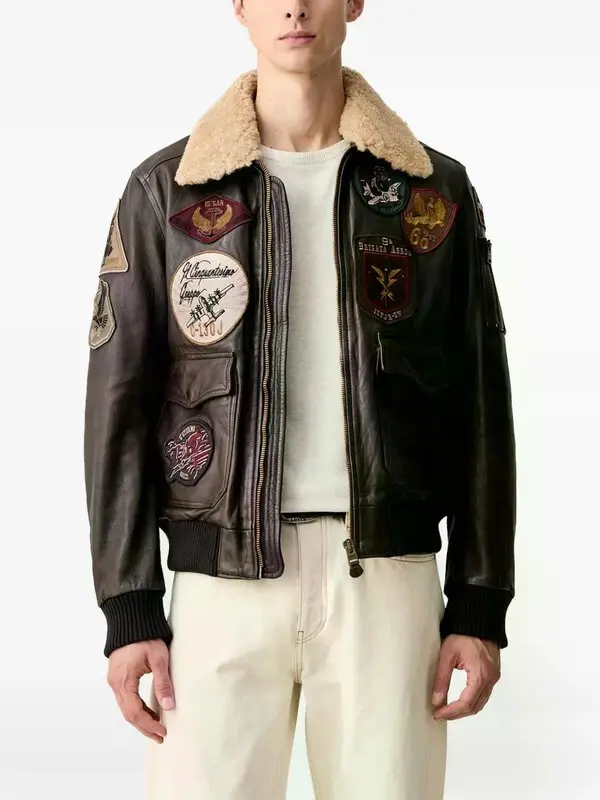 AERONAUTICA MILITARE Patch-detail Shearling-collar Leather Jacket