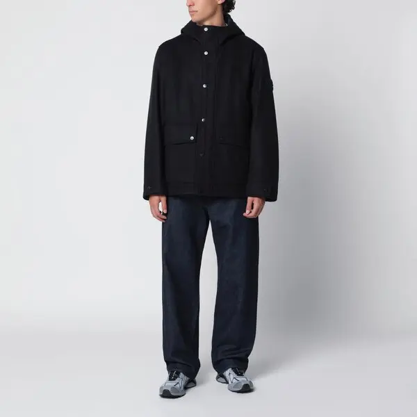 Stone Island Navy Hooded Jacket In Wool Blend