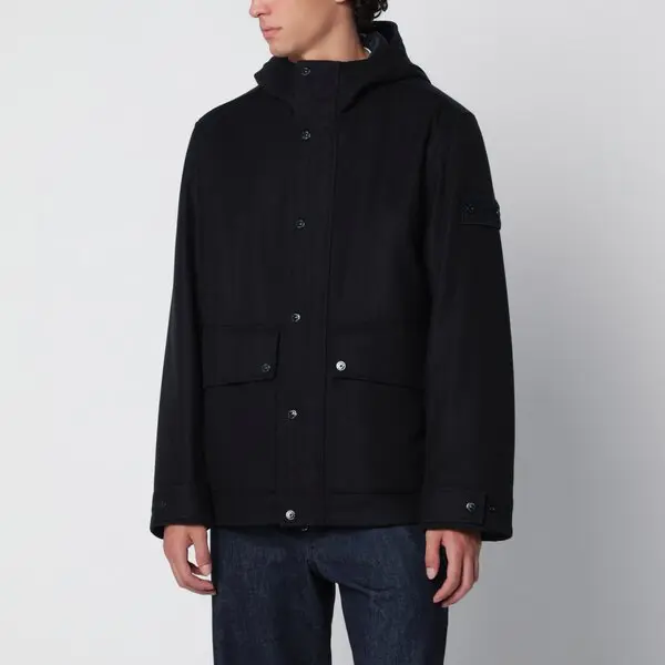 Stone Island Navy Hooded Jacket In Wool Blend - Blue