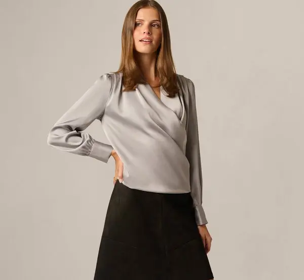 Adrianna Papell Long Sleeve Draped Satin Wrap Front Blouse - Silver Grey
