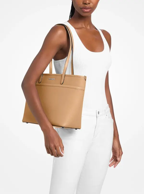 Michael Kors Marlowe Medium Pebbled Leather Pocket Tote Bag In By - Brown