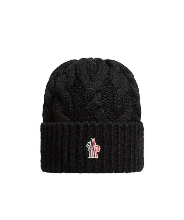 Moncler Cable Knit Logo Embroidered Beanie - Black