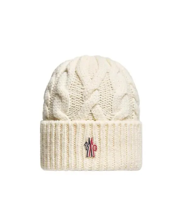 Moncler Cable Knit Logo Embroidered Beanie - White