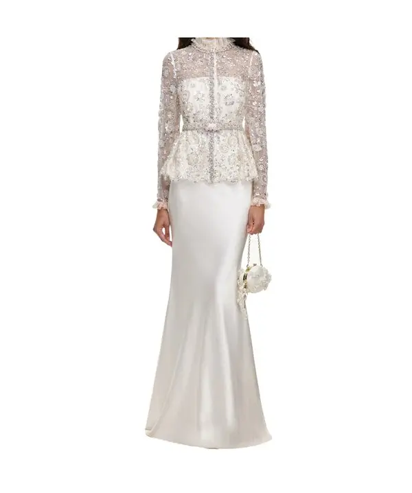 SELF-PORTRAIT Sequin Satin Maxi Skirt - Cream