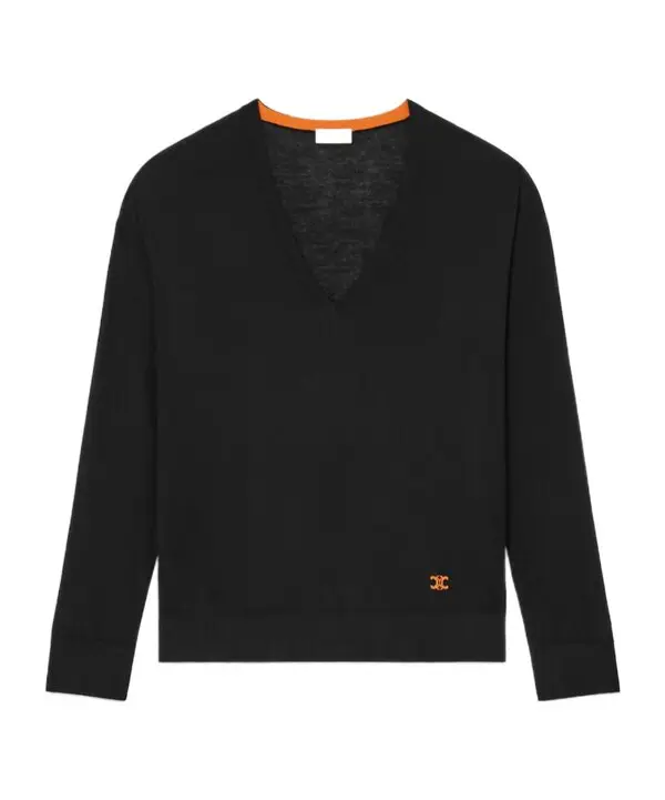 Celine V-neck Sweater In Cashmere - Black/orange
