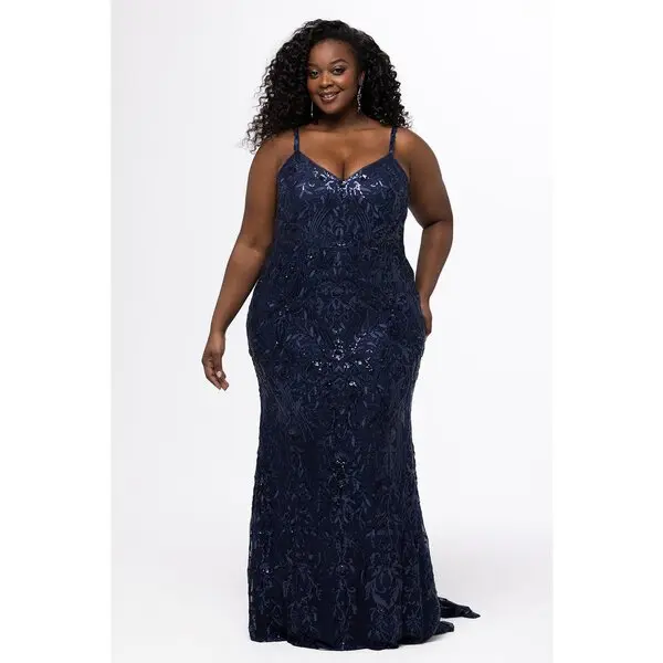 SYDNEY'S CLOSET Fitted Stretch Sequin Formal Dress - Navy