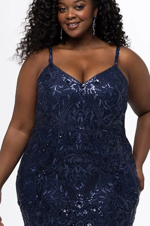 SYDNEY'S CLOSET Fitted Stretch Sequin Formal Dress - Navy