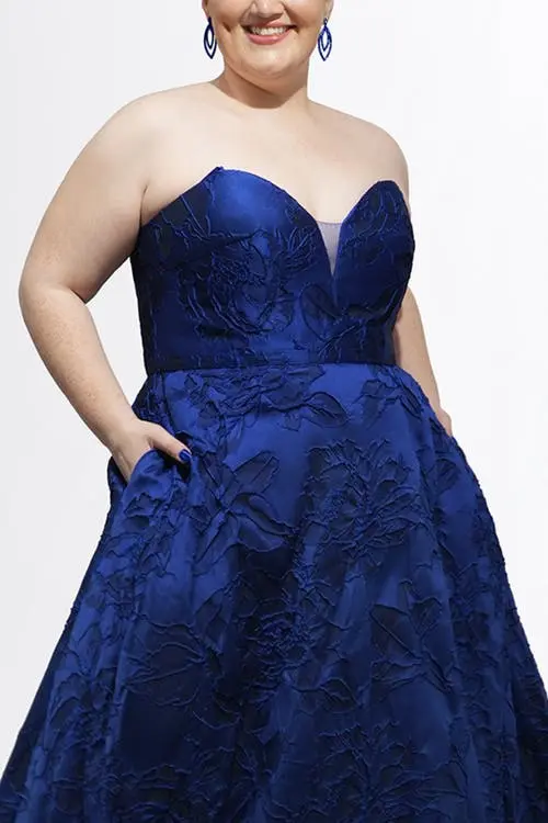 SYDNEY'S CLOSET Jacquard Curvy A-line Strapless Formal Dress - Midnight Blue