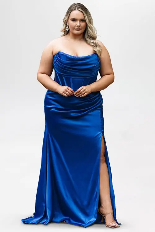 SYDNEY'S CLOSET Slim Satin Curvy Prom Dress With Corset Boning - Cobalt