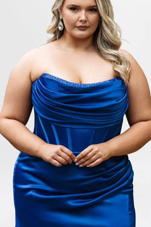 SYDNEY'S CLOSET Slim Satin Curvy Prom Dress With Corset Boning - Cobalt