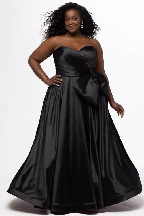 SYDNEY'S CLOSET Satin A-line Curvy Formal Dress With Detachable Bow - Black