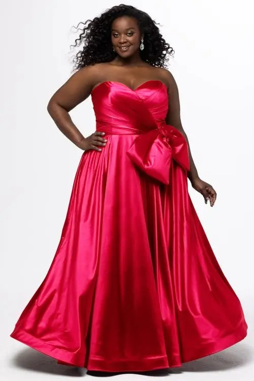 SYDNEY'S CLOSET Satin A-line Curvy Formal Dress With Detachable Bow - Pink