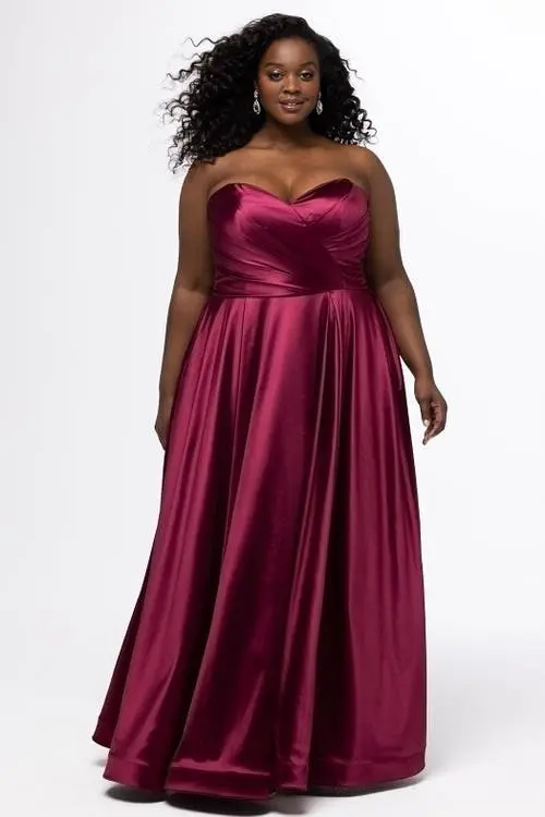 SYDNEY'S CLOSET Satin A-line Curvy Formal Dress With Detachable Bow - Wine