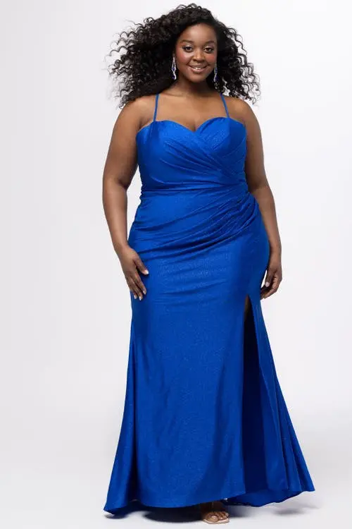 SYDNEY'S CLOSET Fitted Sparkle Stretch Knit Curvy Dress - Sapphire